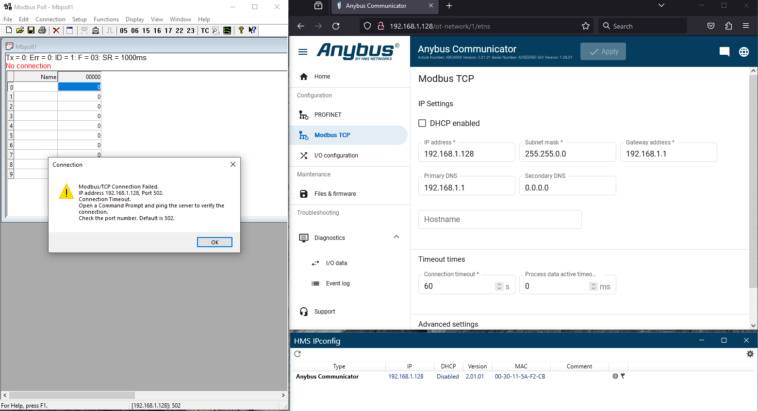 Timeout Error I Cannot Communicate With My Anybus Communicator Modbus Tcp Server