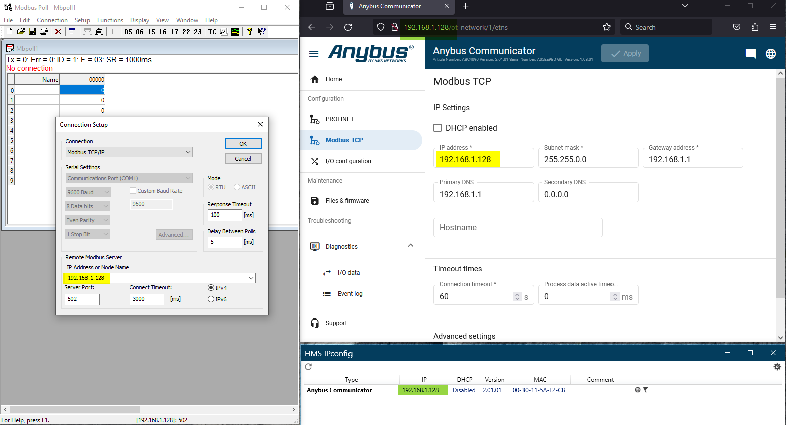 Timeout Error I Cannot Communicate With My Anybus Communicator Modbus Tcp Server